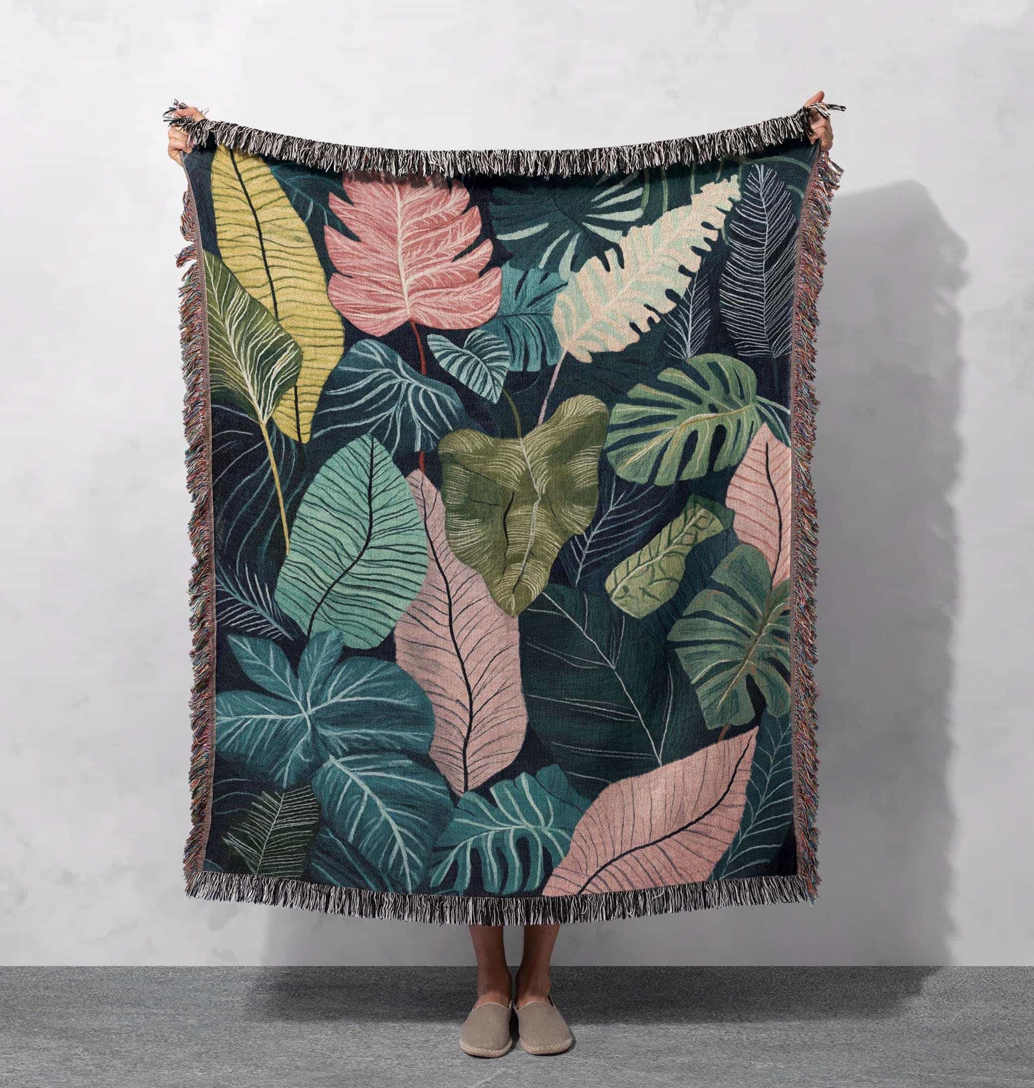 Tropical Leaf Woven Blanket - Botanical Jungle Throw For Cozy Home ...